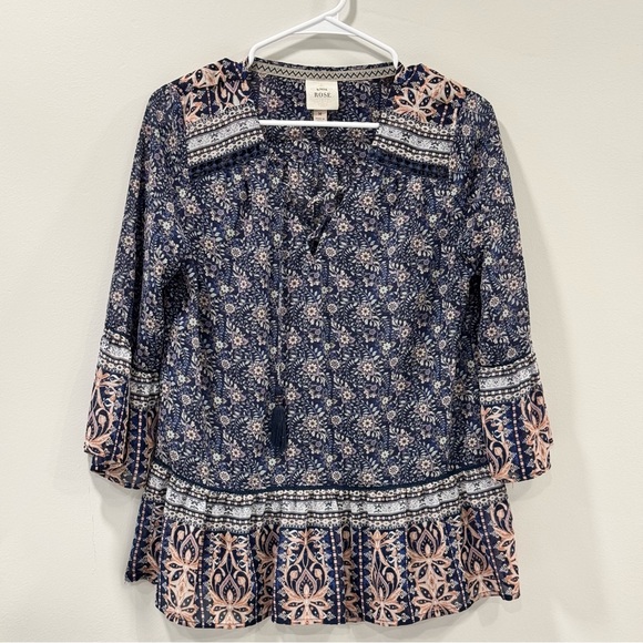 Knox Rose | Tops | Knox Rose Top Womans M Blue Floral Print Boho Tassel ...